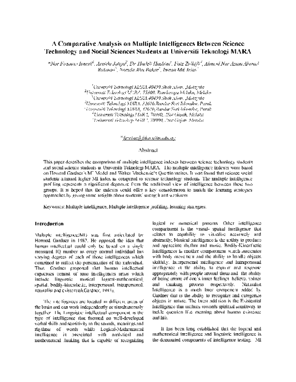 (PDF) A comparative analysis on multiple intelligences between sciencetechnology and social ...