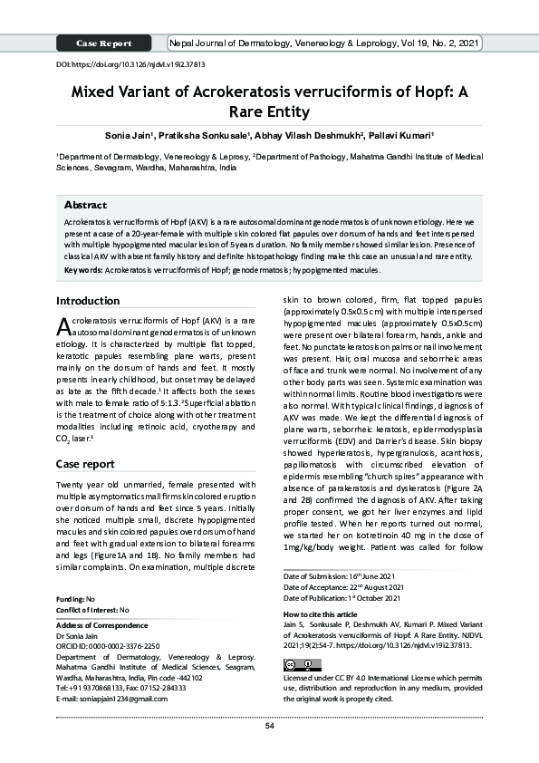 (PDF) Mixed Variant of Acrokeratosis verruciformis of Hopf: A rare ...