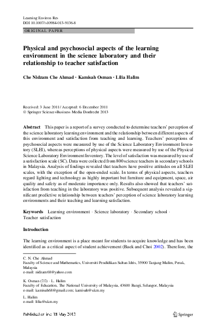 (PDF) Physical and psychosocial aspects of the learning environment in the science laboratory ...