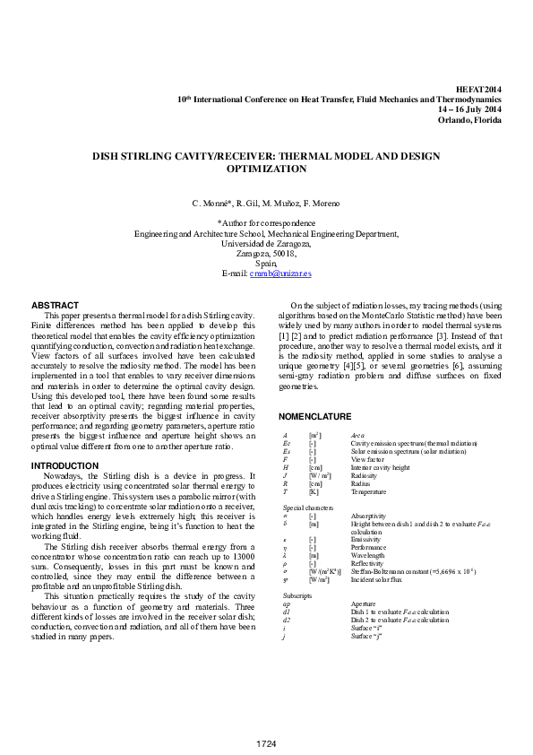 (PDF) Dish Stirling cavity/receiver: thermal model and design optimization