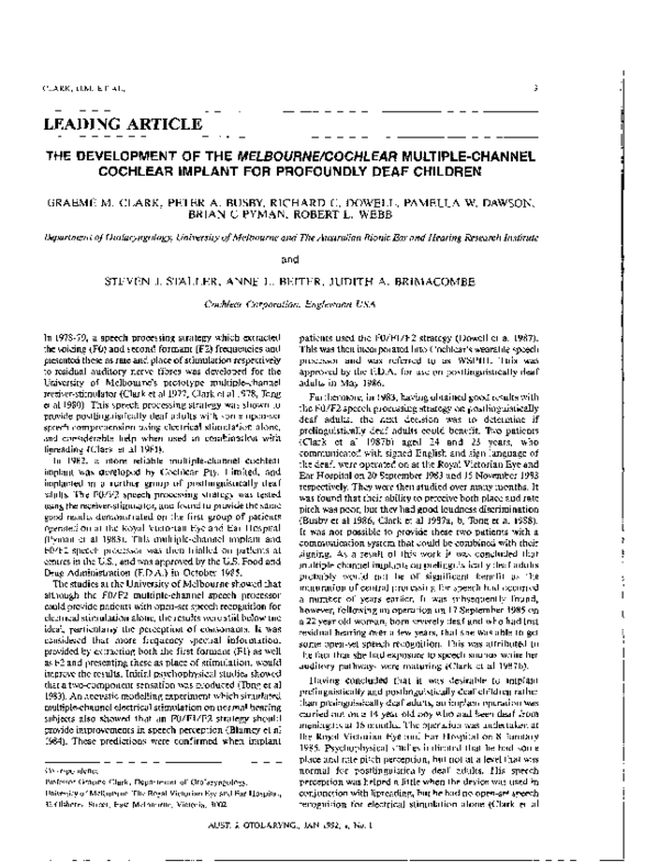 (PDF) The development of the Melbourne/Cochlear multiple-channel cochlear implant for profoundly ...