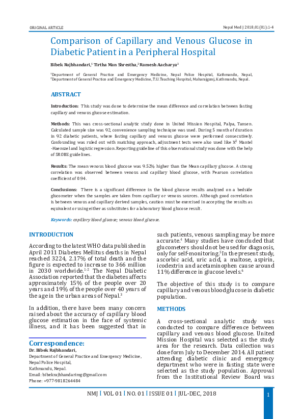 (PDF) Comparison of Capillary and Venous Glucose in Diabetic Patient in ...