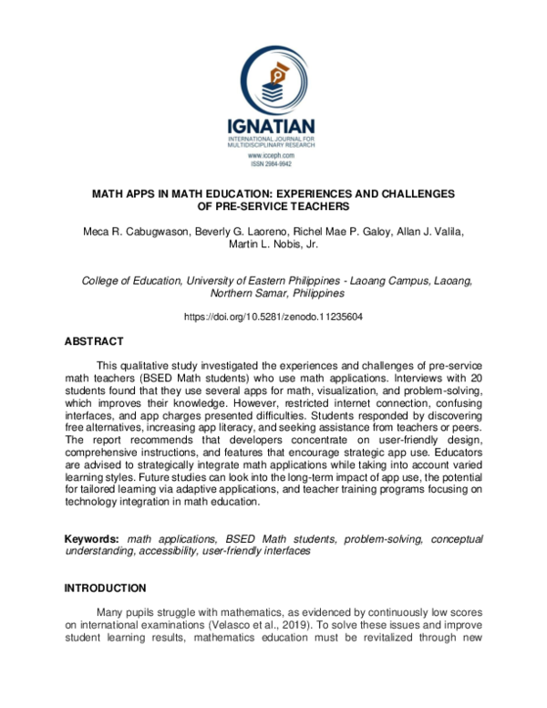 (PDF) MATH APPS IN MATH EDUCATION: EXPERIENCES AND CHALLENGES OF PRE ...