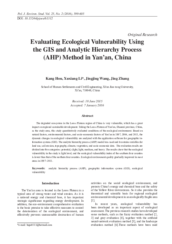 Pdf Evaluating Ecological Vulnerability Using The Gis And Analytic Hierarchy Process Ahp