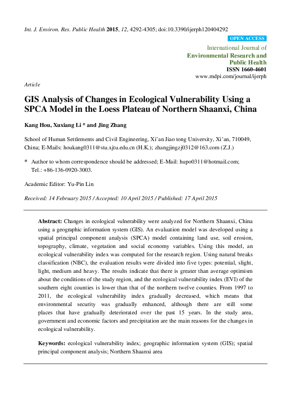 (PDF) GIS Analysis of Changes in Ecological Vulnerability Using a SPCA Model in the Loess ...