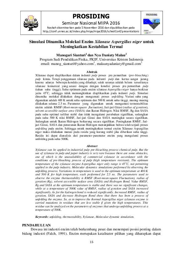 (PDF) Simulasi Dinamika Molekul Enzim Xilanase Aspergillus niger untuk ...