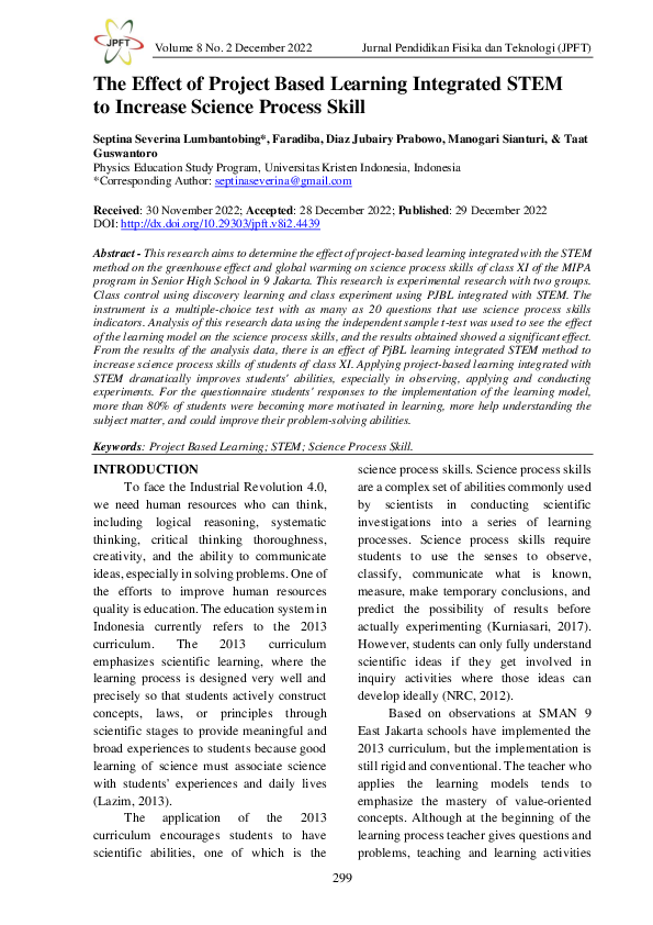 (PDF) The Effect of Project Based Learning Integrated STEM to Increase ...