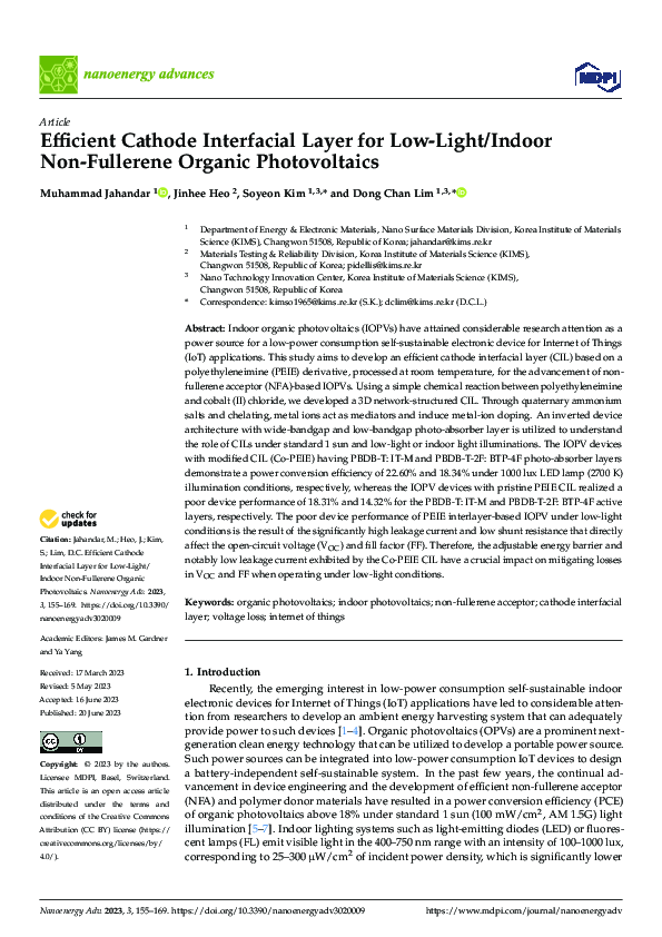 (PDF) Efficient Cathode Interfacial Layer for Low-Light/Indoor Non-Fullerene Organic Photovoltaics