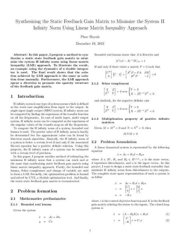 (PDF) Synthesizing the Static Feedback Gain Matrix to Minimize the System H Infinity Norm Using ...