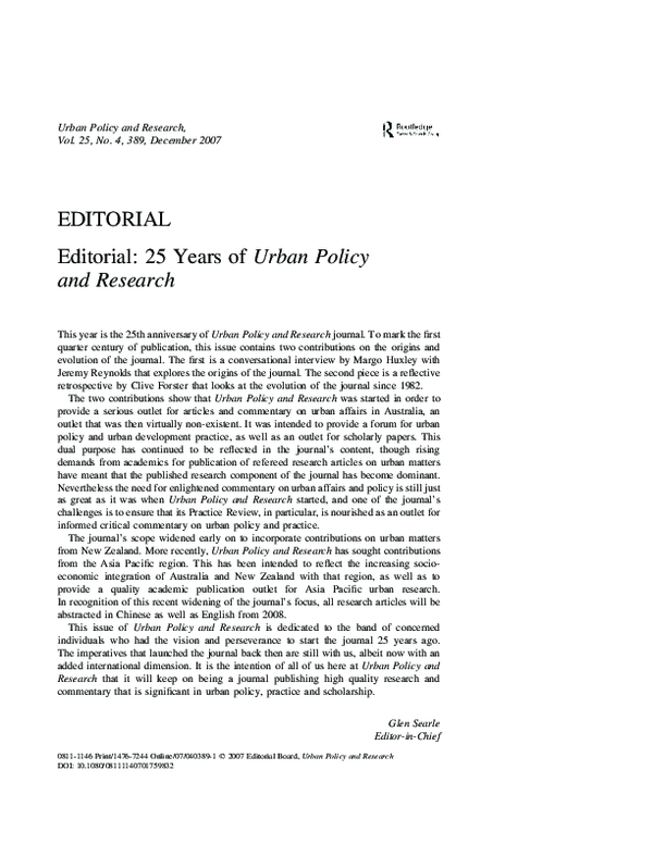 (PDF) Editorial: 25 Years of Urban Policy and Research