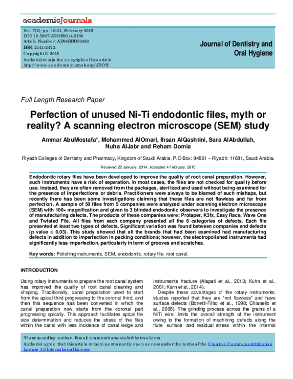 (PDF) Perfection of unused Ni-Ti endodontic files, myth or reality? A ...