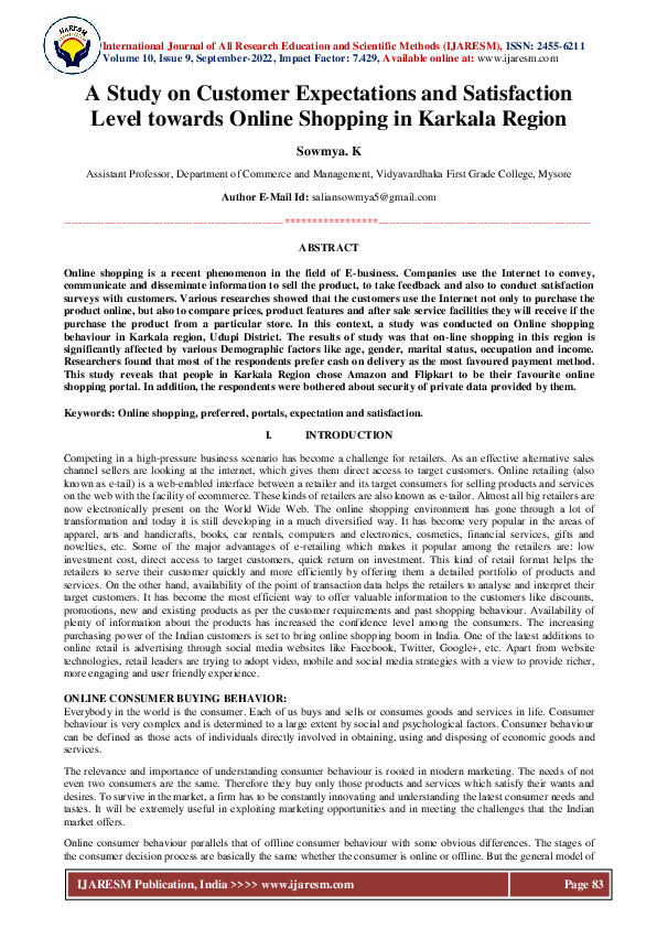 (PDF) A Study on Customer Expectations and Satisfaction Level towards Online Shopping in Karkala ...