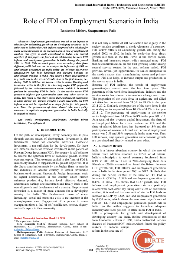 (PDF) Role of FDI on Employment Scenario in India