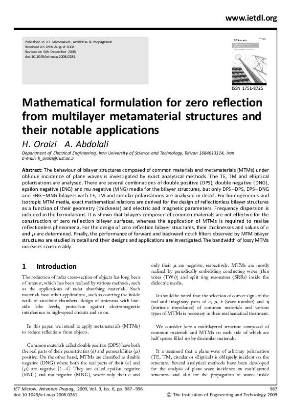 (PDF) Mathematical formulation for zero reflection from multilayer metamaterial structures and ...