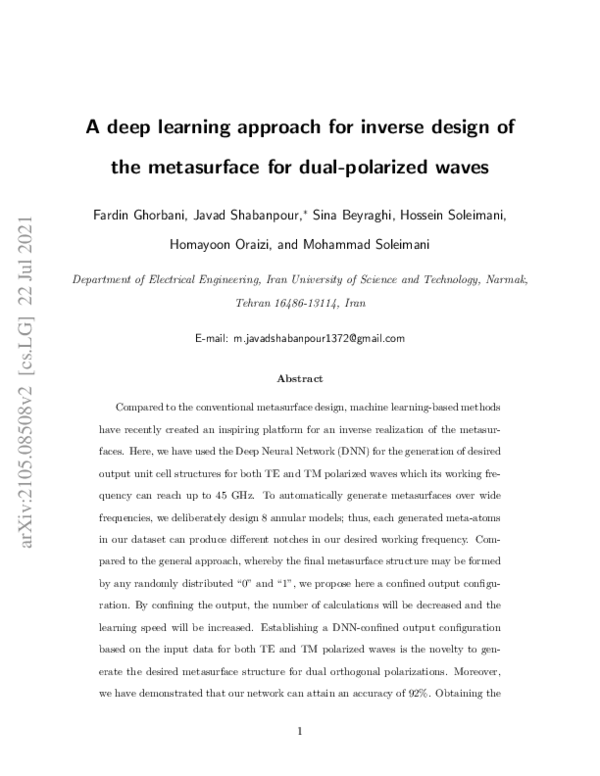 (PDF) A deep learning approach for inverse design of the metasurface ...
