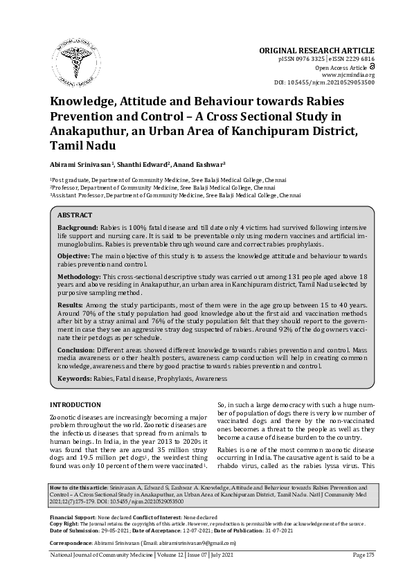 (PDF) Knowledge, Attitude and Behaviour towards Rabies Prevention and Control – A Cross ...