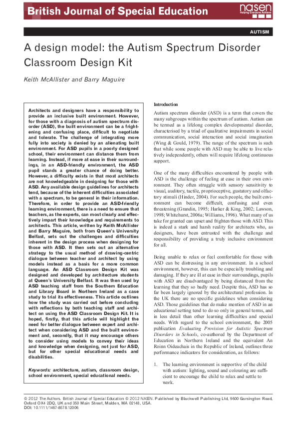 (PDF) A design model: the Autism Spectrum Disorder Classroom Design Kit