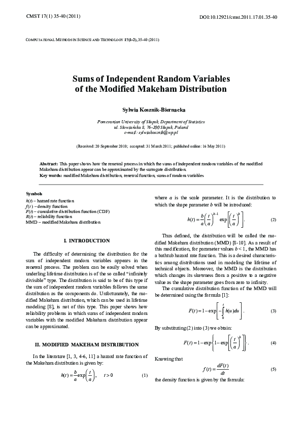 (PDF) Sums of Independent Random Variables of the Modified Makeham Distribution | Sylwia Kosznik ...