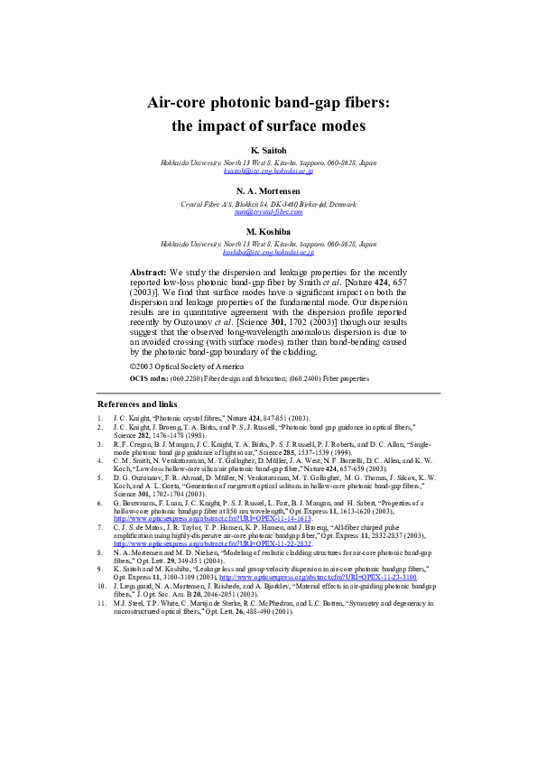 (PDF) Air-core photonic band-gap fibers: the impact of surface modes