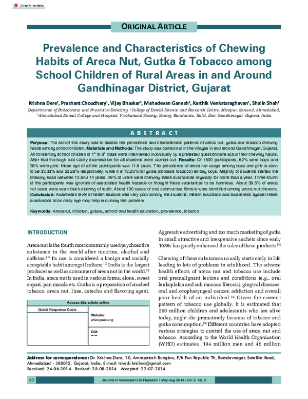(PDF) Prevalence and Characteristics of Chewing Habits of Areca Nut ...