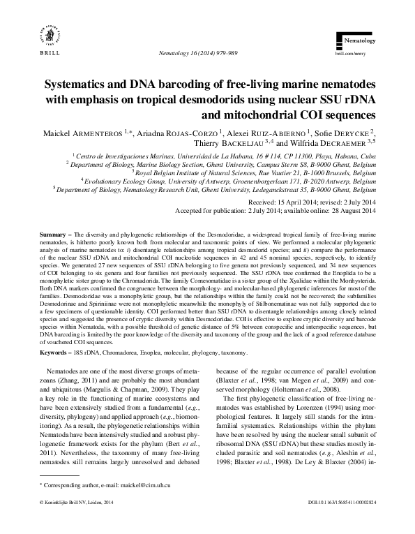 (PDF) Systematics and DNA barcoding of free-living marine nematodes with emphasis on tropical ...