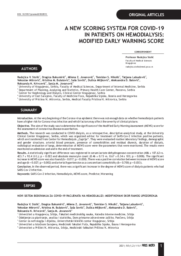 (PDF) A new scoring system for Covid-19 in patients on hemodialysis ...