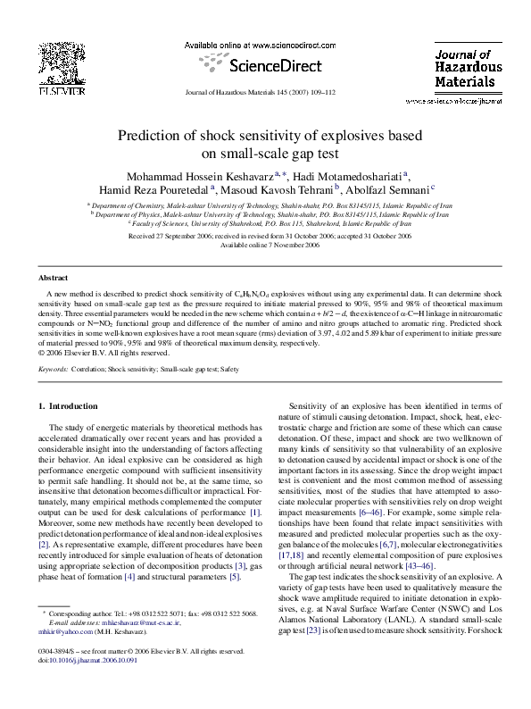 (PDF) Prediction of shock sensitivity of explosives based on small ...
