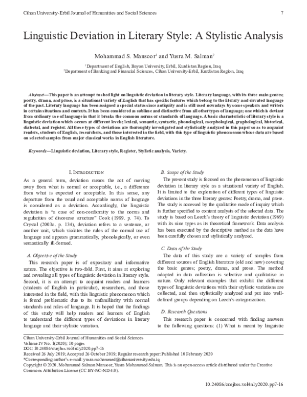 (PDF) Linguistic Deviation in Literary Style: A Stylistic Analysis