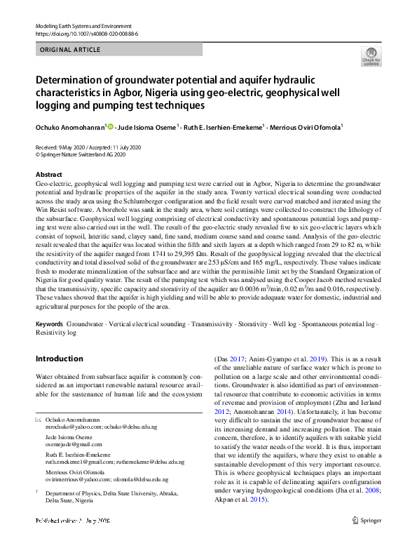 (PDF) Determination of groundwater potential and aquifer hydraulic ...