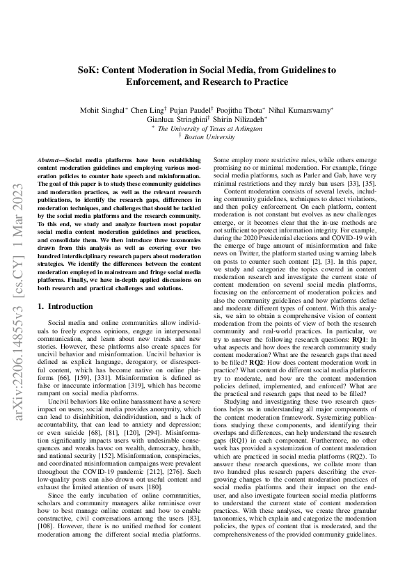(PDF) SoK: Content Moderation in Social Media, from Guidelines to Enforcement, and Research to ...