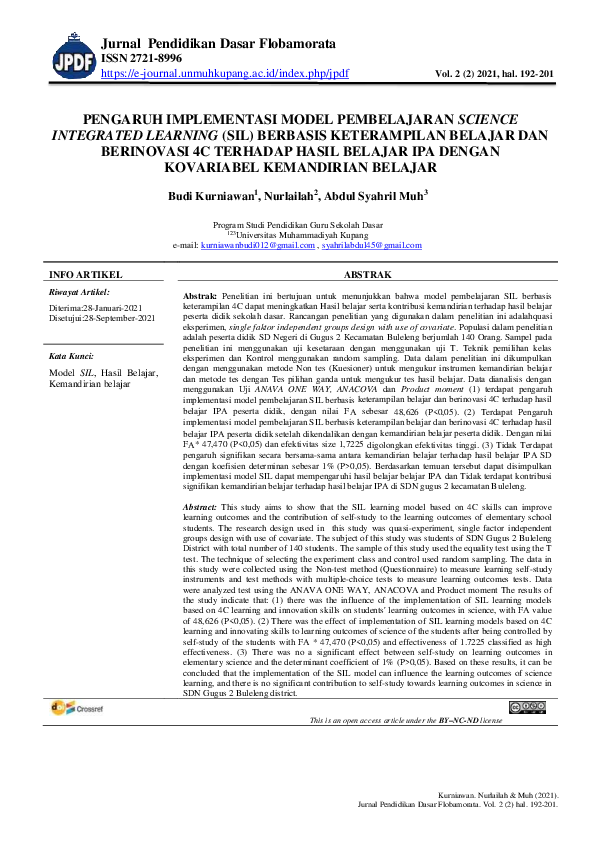 (PDF) Pengaruh Implementasi Model Pembelajaran Science Integrated Learning (Sil) Berbasis ...