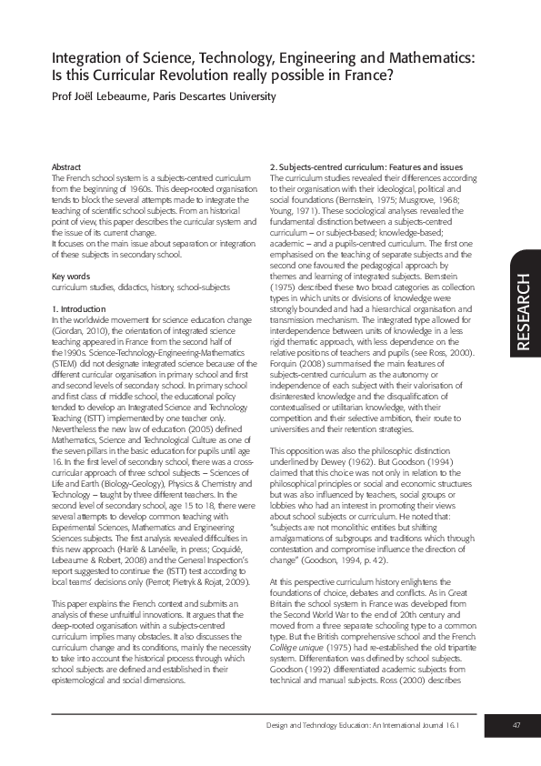 (PDF) Integration of Scientific Subjects in French Secondary Education