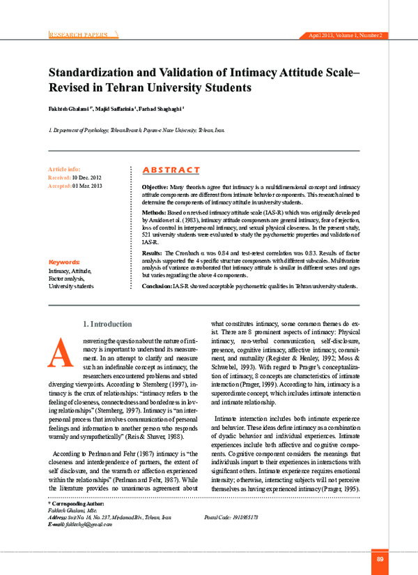 (PDF) Standardization and Validation of Intimacy Attitude Scale- Revised in Tehran University ...
