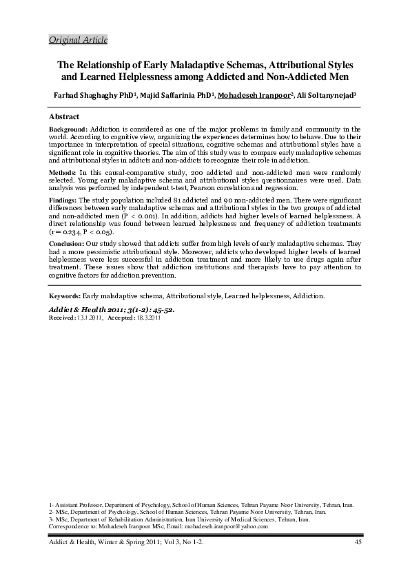 (PDF) The Relationship of Early Maladaptive Schemas, Attributional Styles and Learned ...