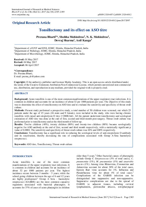 (PDF) Tonsillectomy and its effect on ASO titre