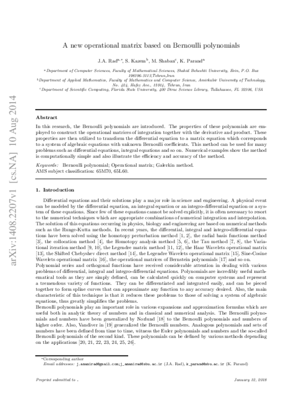 (PDF) A new operational matrix based on Bernoulli polynomials (PDF) A new operational matrix based on Bernoulli polynomials