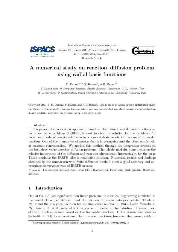(PDF) A numerical study on reaction-diffusion problem using radial basis functions | Saeed Kazem ...
