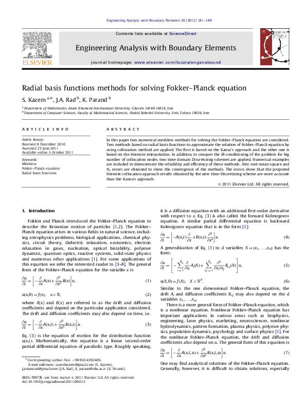 (PDF) Radial basis functions methods for solving Fokker–Planck equation | Saeed Kazem - Academia.edu