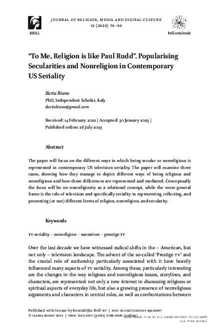(PDF) (2023) “To me, religion is like Paul Rudd”. Popularising ...