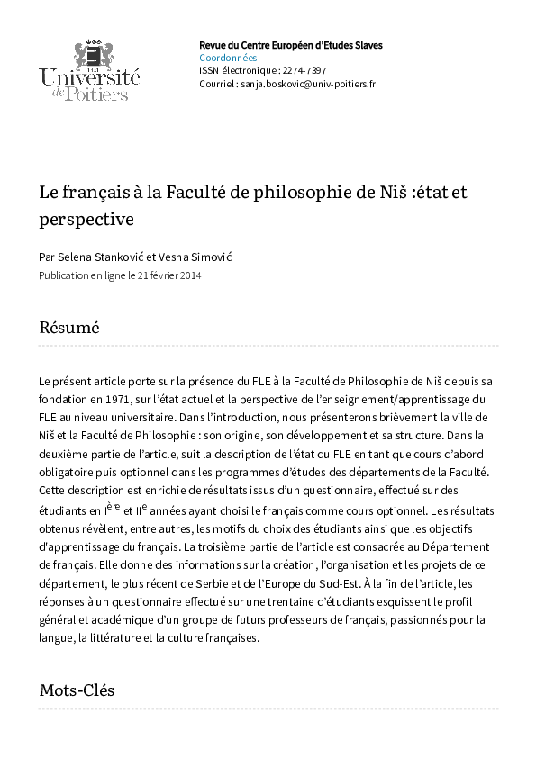 (PDF) Le français à la Faculté de philosophie de Niš :état et ...