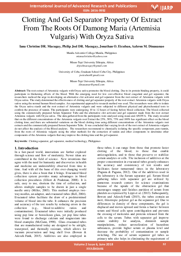 (PDF) Clotting And Gel Separator Property Of Extract From The Roots Of ...
