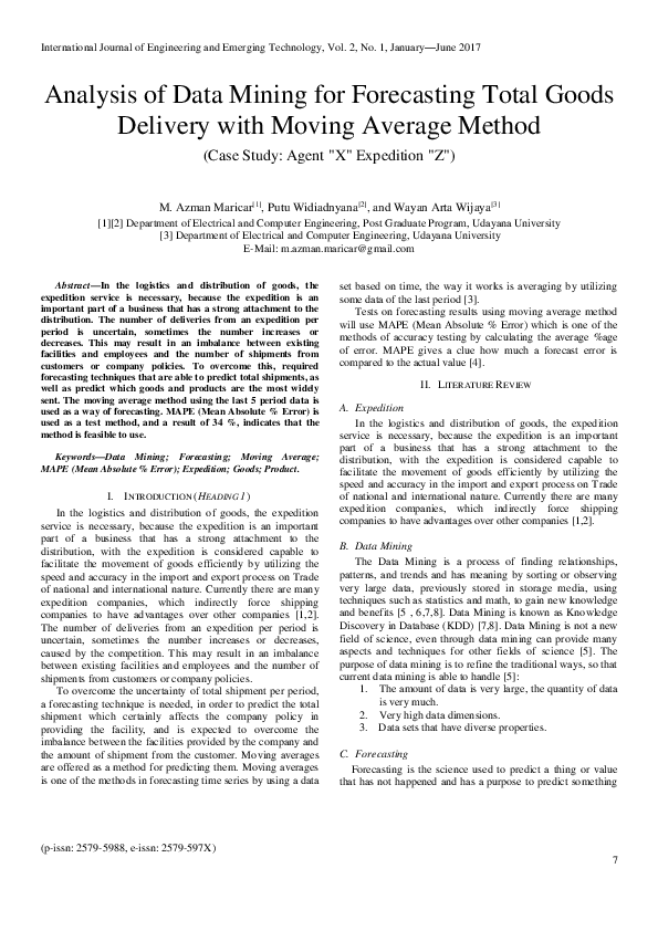 (PDF) Analysis of Data Mining for Forecasting Total Goods Delivery with Moving Average Method