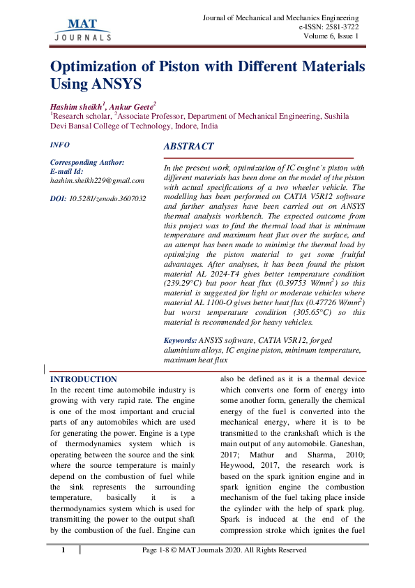 (PDF) Optimization of Piston with Different Materials Using ANSYS