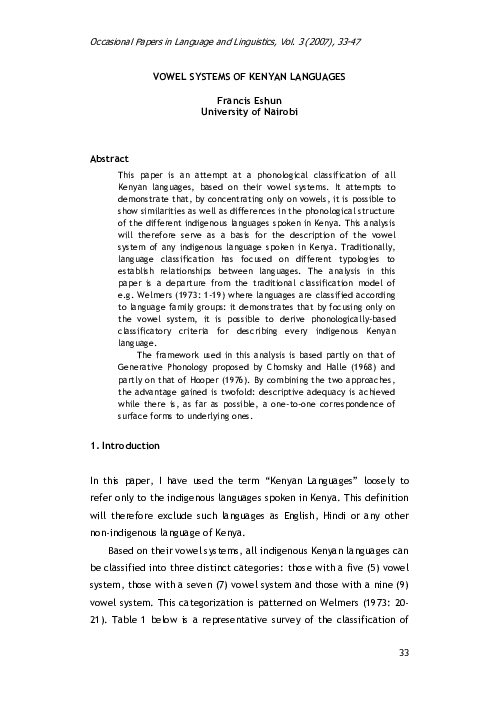 (PDF) Vowel systems of Kenyan languages