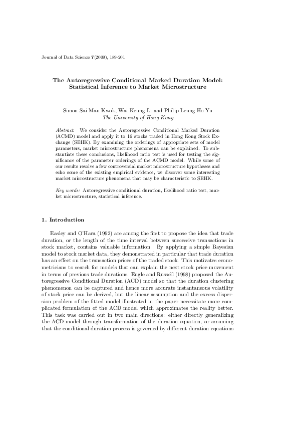 (PDF) The Autoregressive Conditional Marked Duration Model: Statistical Inference to Market ...