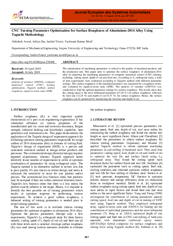Pdf Cnc Turning Parameter Optimization For Surface Roughness Of Aluminium 2014 Alloy Using