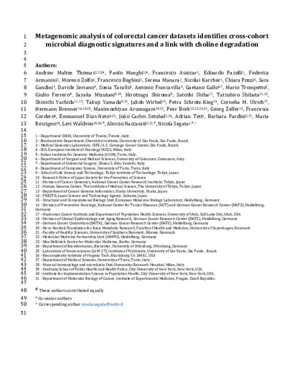 (PDF) Metagenomic analysis of colorectal cancer datasets identifies cross-cohort microbial ...