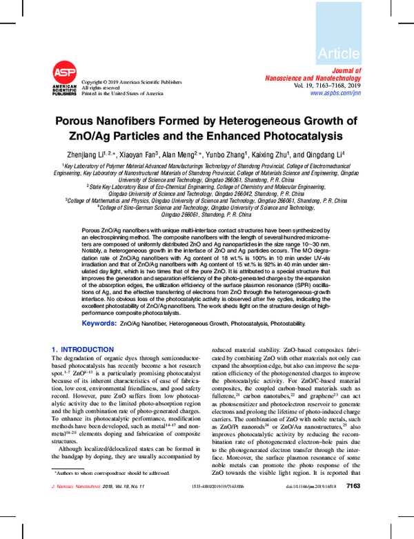 (PDF) Porous Nanofibers Formed by Heterogeneous Growth of ZnO/Ag ...