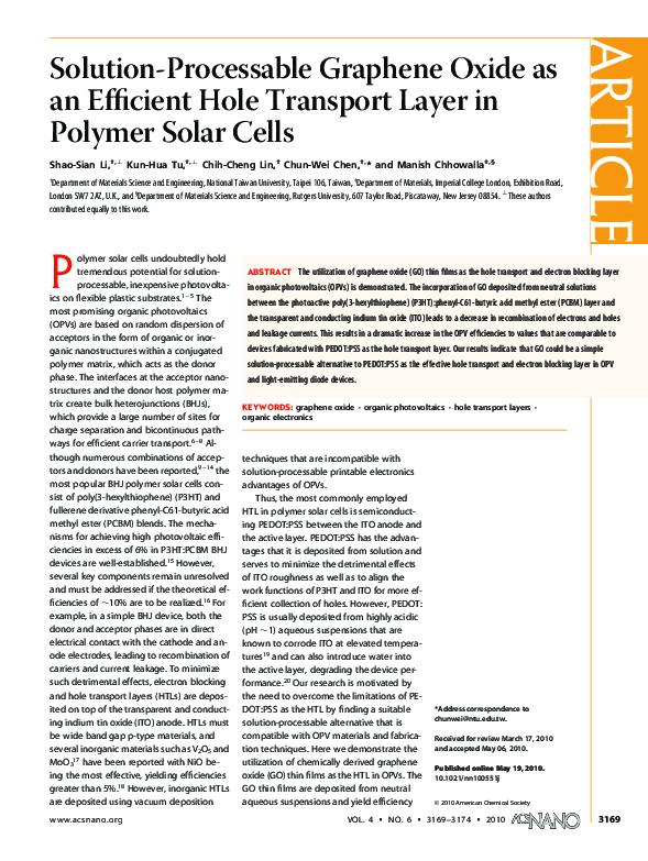 (PDF) Solution-Processable Graphene Oxide as an Efficient Hole ...