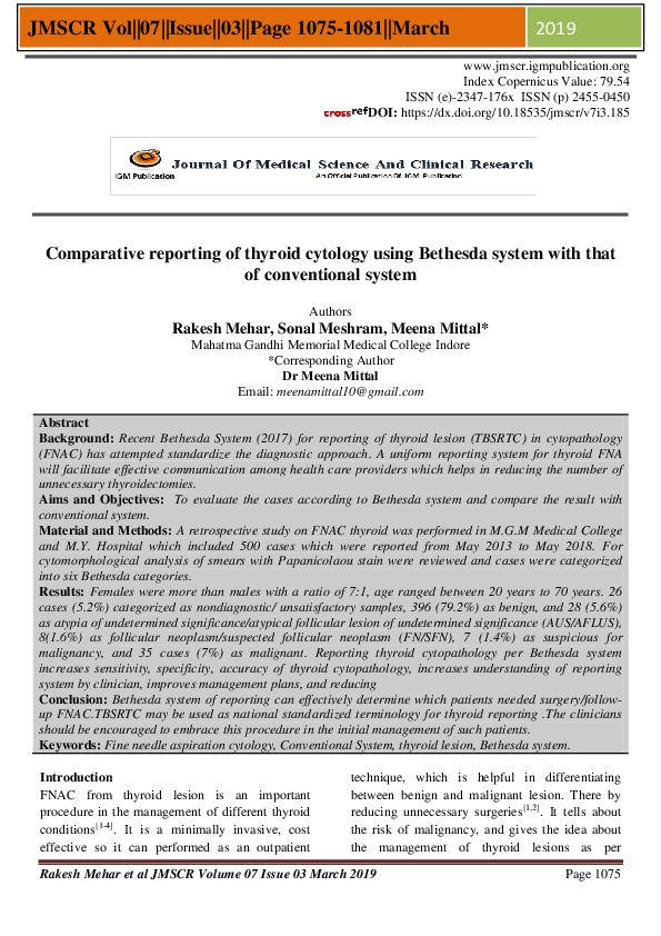 (PDF) Comparative reporting of thyroid cytology using Bethesda system ...
